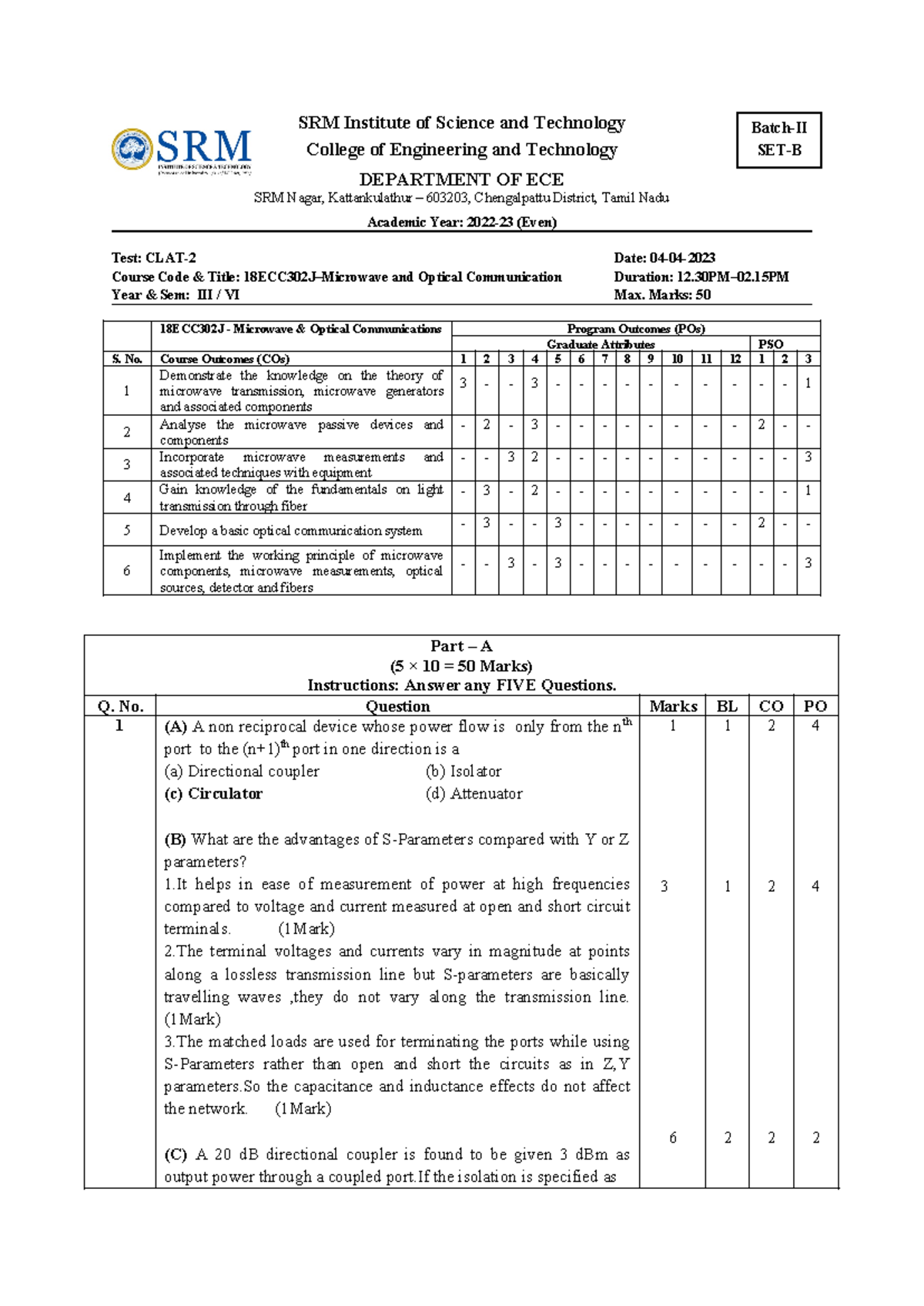 Ct 2 Ans Key New Ct 2 Asnwer Key Srm Institute Of Science And Technology College Of