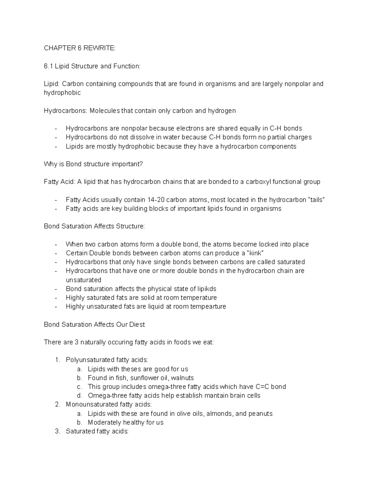 Biology Lipids notes - CHAPTER 6 REWRITE: 6 Lipid Structure and ...