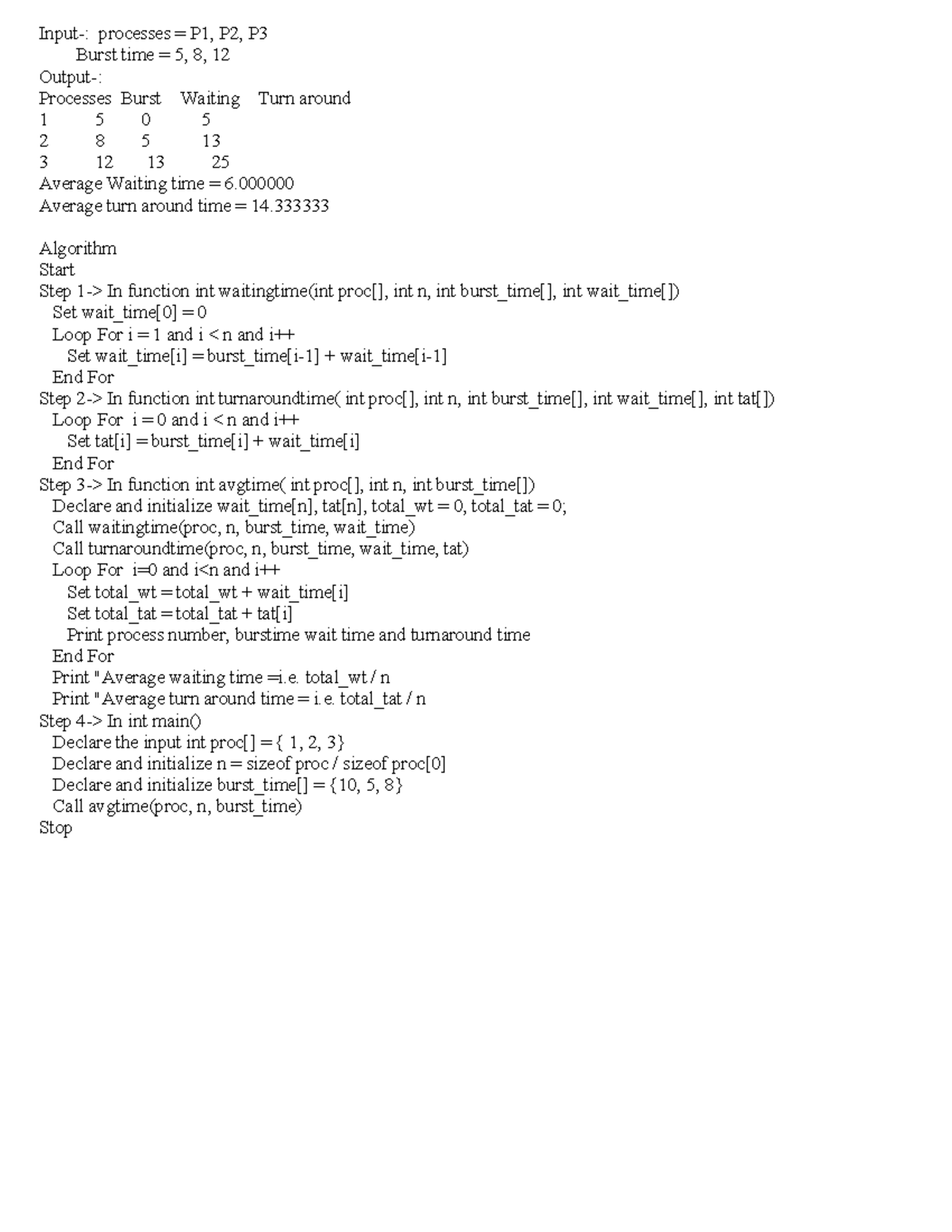 Fcfs Algorithm Uftrtght Input Processes P1 P2 P Burst Time 5 8 12 Output