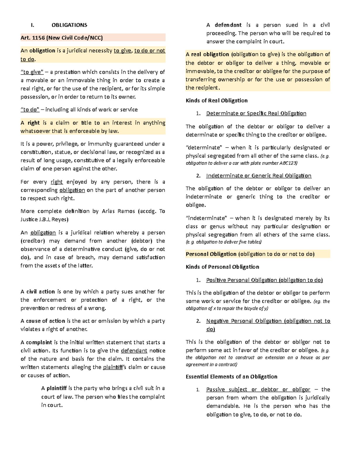[ Oblicon] Reviewer - fdfd - I. OBLIGATIONS Art. 1156 (New Civil Code ...