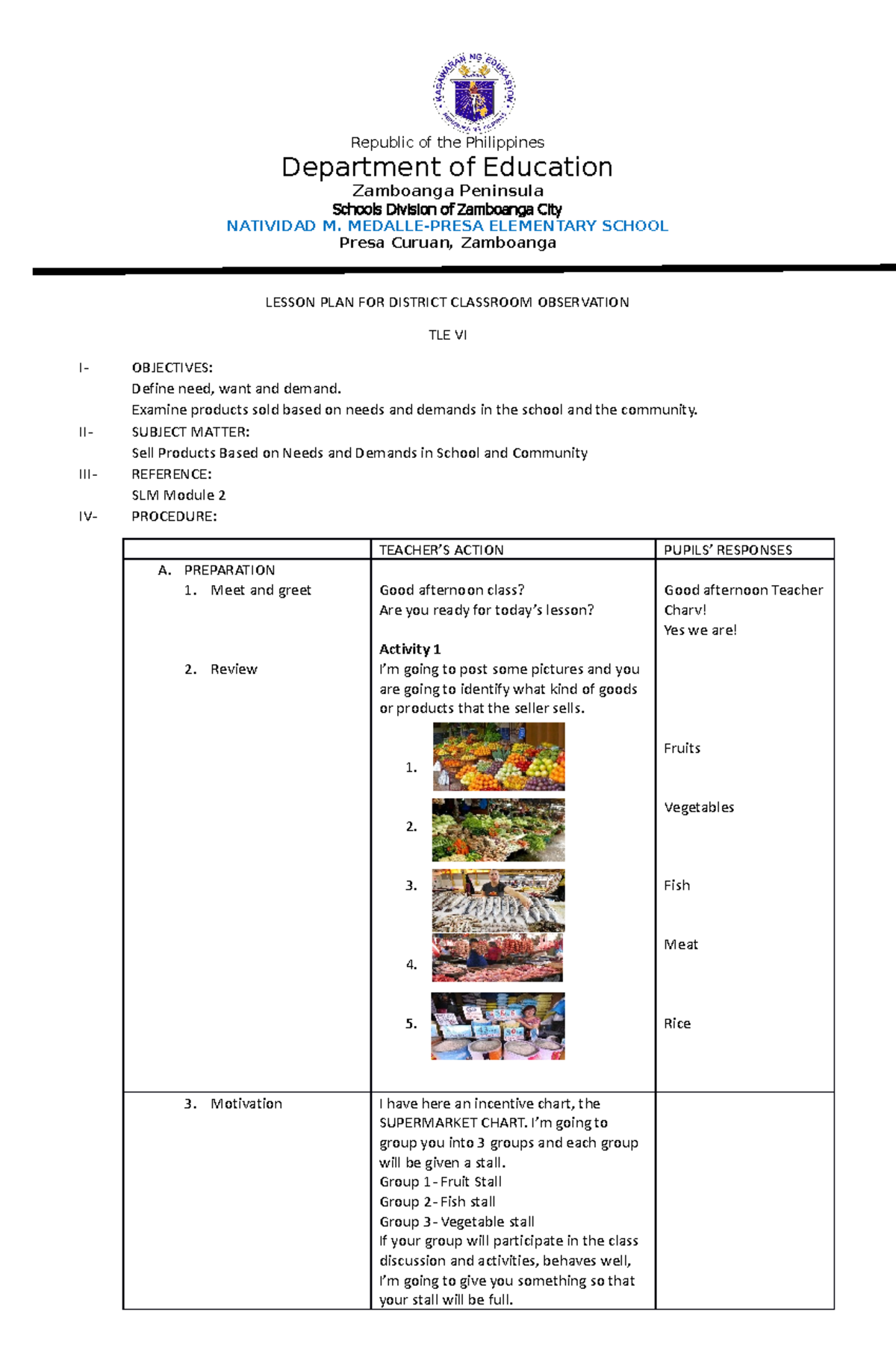 Classroom observation lesson plan for TLE VI - Republic of the ...