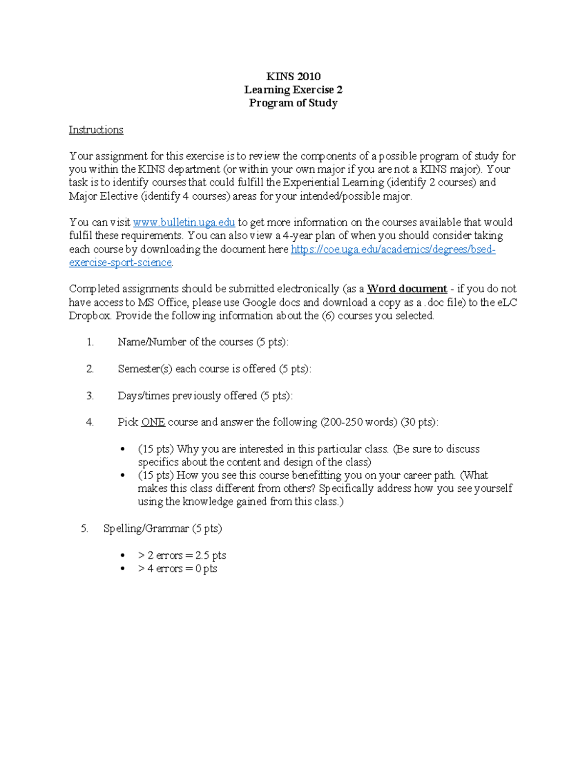 Learning Exercise 2 Program of Study - KINS 2010 Learning Exercise 2 ...