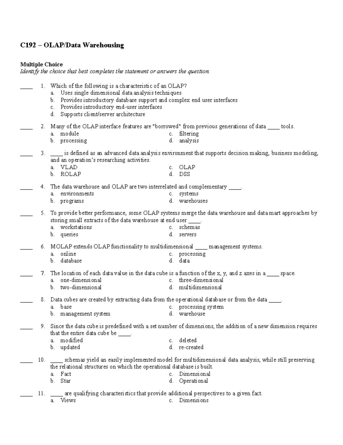 C192 Practice Test - OLAP - C192 – OLAP/Data Warehousing Multiple ...