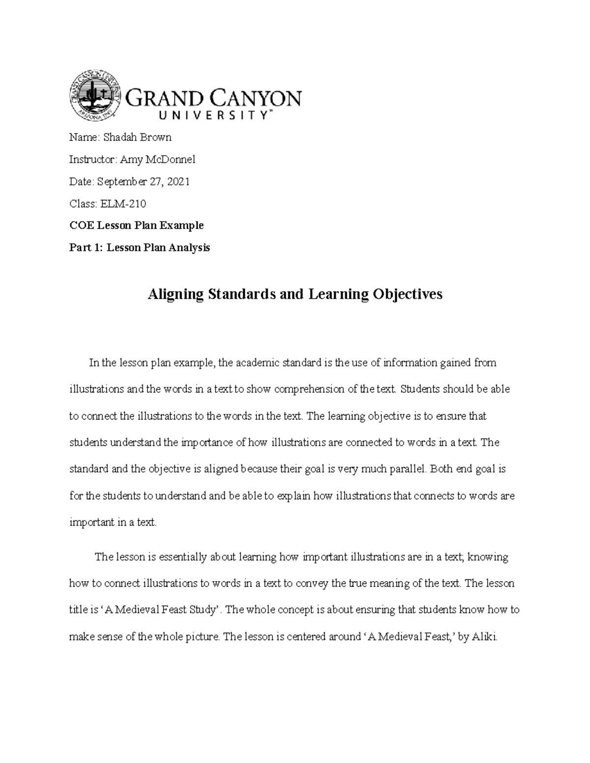 Aligning Standard and Learning Objective - Name: Shadah Brown ...