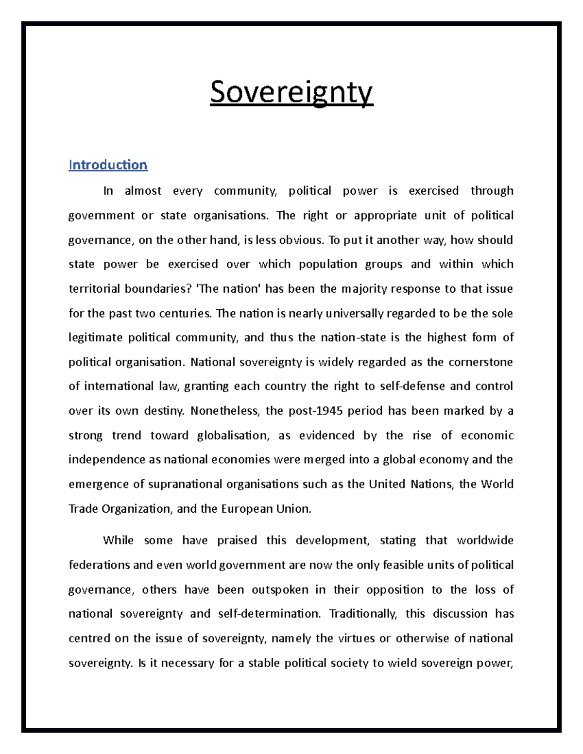 Brief Note on Sovereignty - Sovereignty Introduction In almost every ...