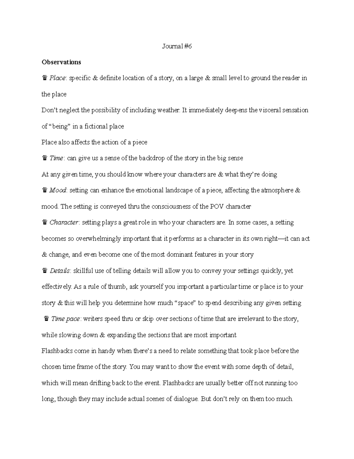 Journal 6 - Notes from the textbook "Gotham Writers' Workshop: Writing ...