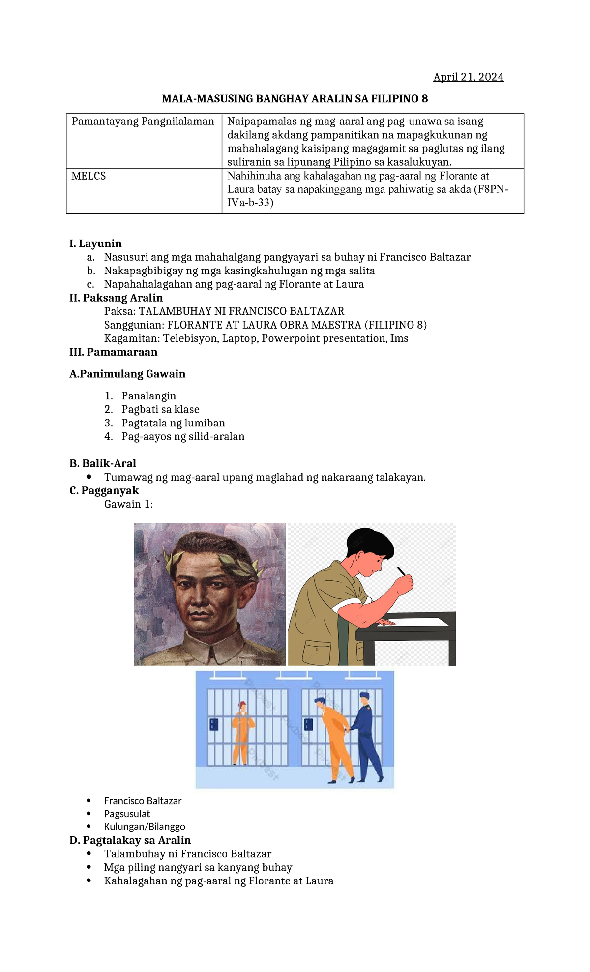 April 1 Tamalmbuhay ni Baltazar - April 21, 2024 MALA-MASUSING BANGHAY ...