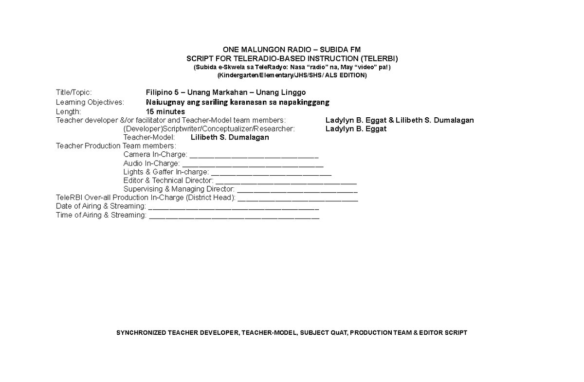 TELE- Rbiscript Filipino 5 Q1 W1 - ONE MALUNGON RADIO – SUBIDA FM ...