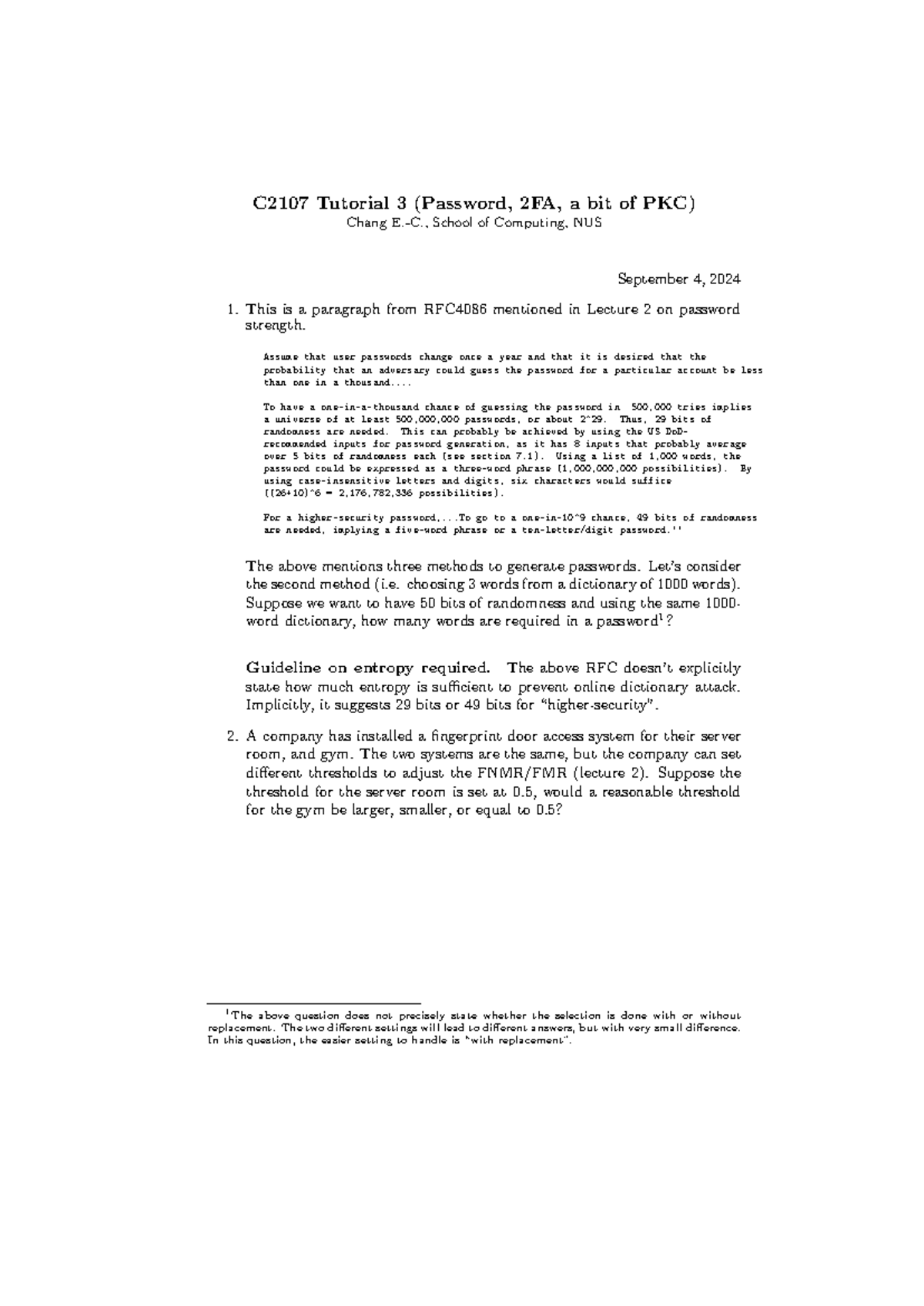 2024B tutorial 3 - tut - C2107 Tutorial 3 (Password, 2FA, a bit of PKC) Chang E.-C., School of ...