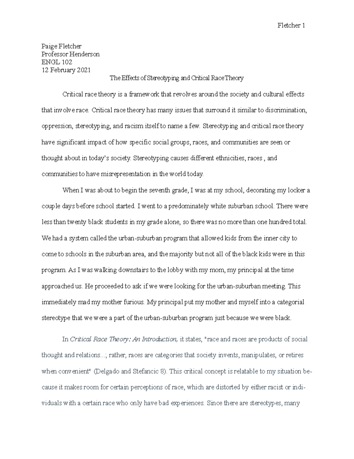 CRT Essay 1 - Grade: A - ENGL 102 - MSU - Studocu