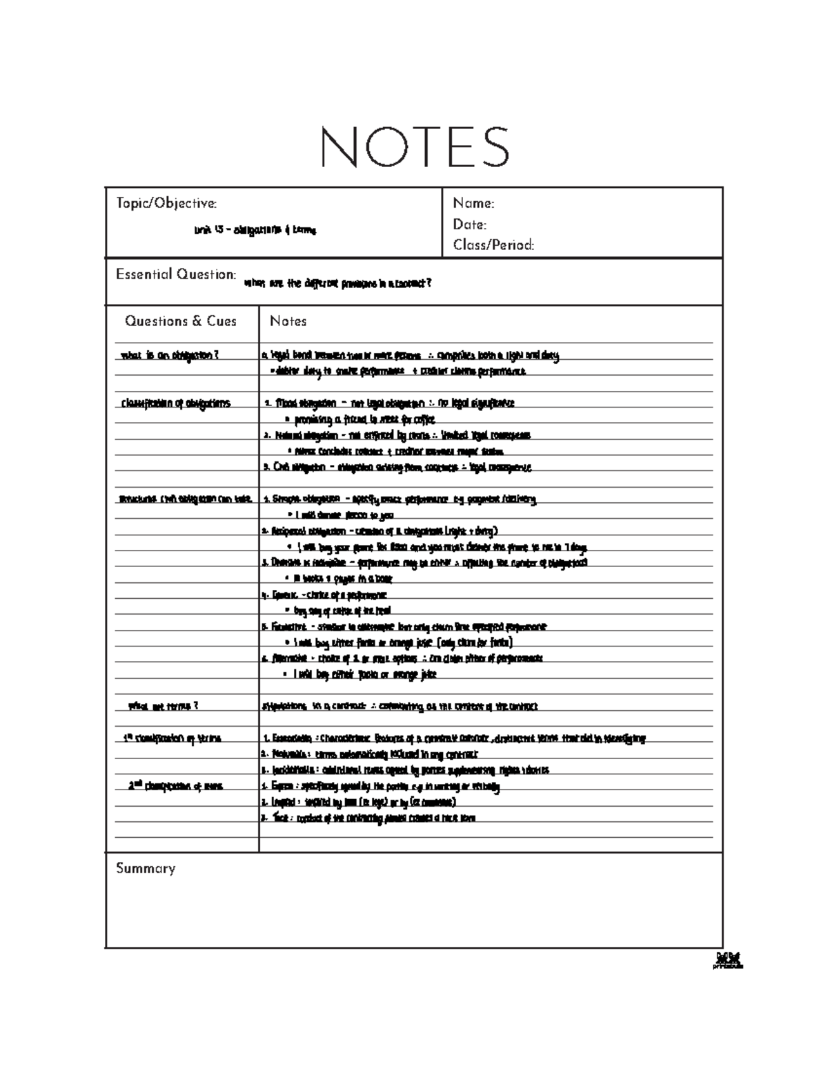 Cornell unit 13 contract - Essential Question: Questions & Cues Notes ...