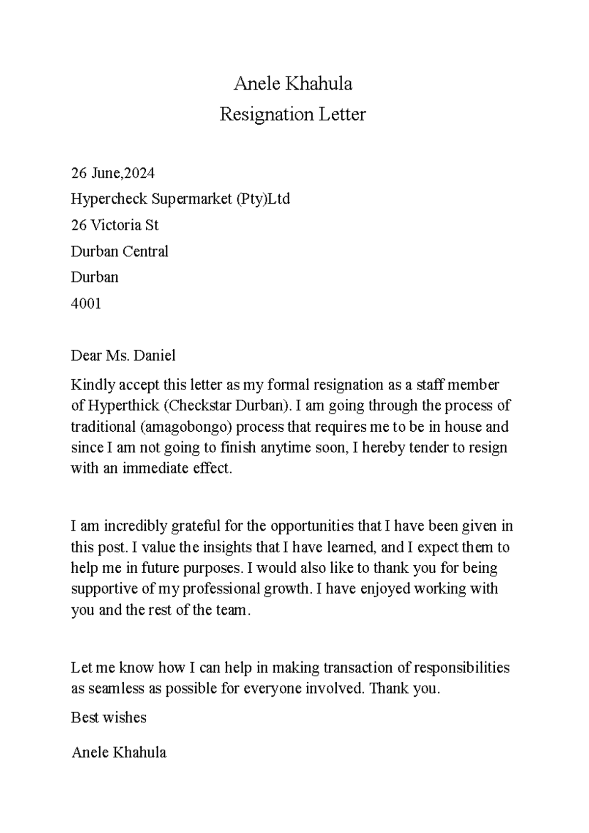 Resignination letter - aqsdfg - Anele Khahula Resignation Letter 26 ...