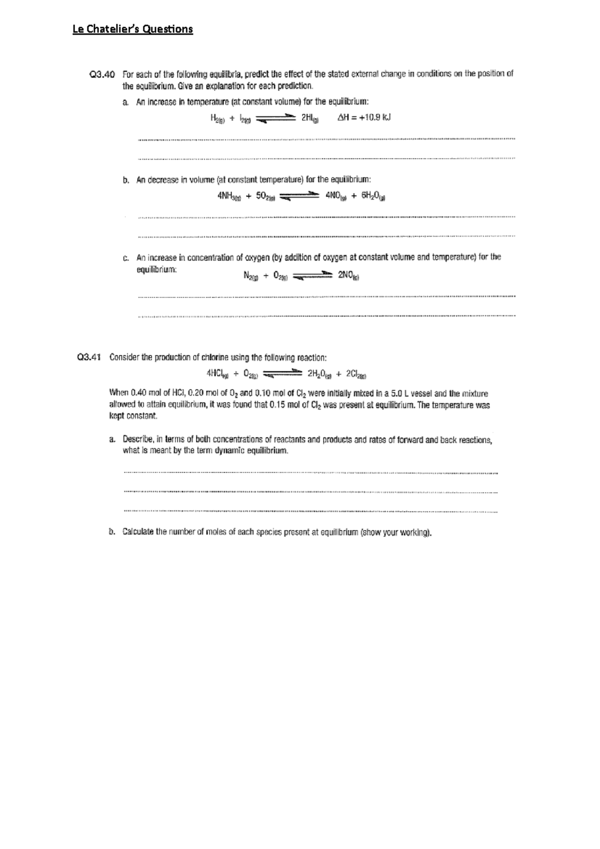 Le Chatelier's Questions - Studocu