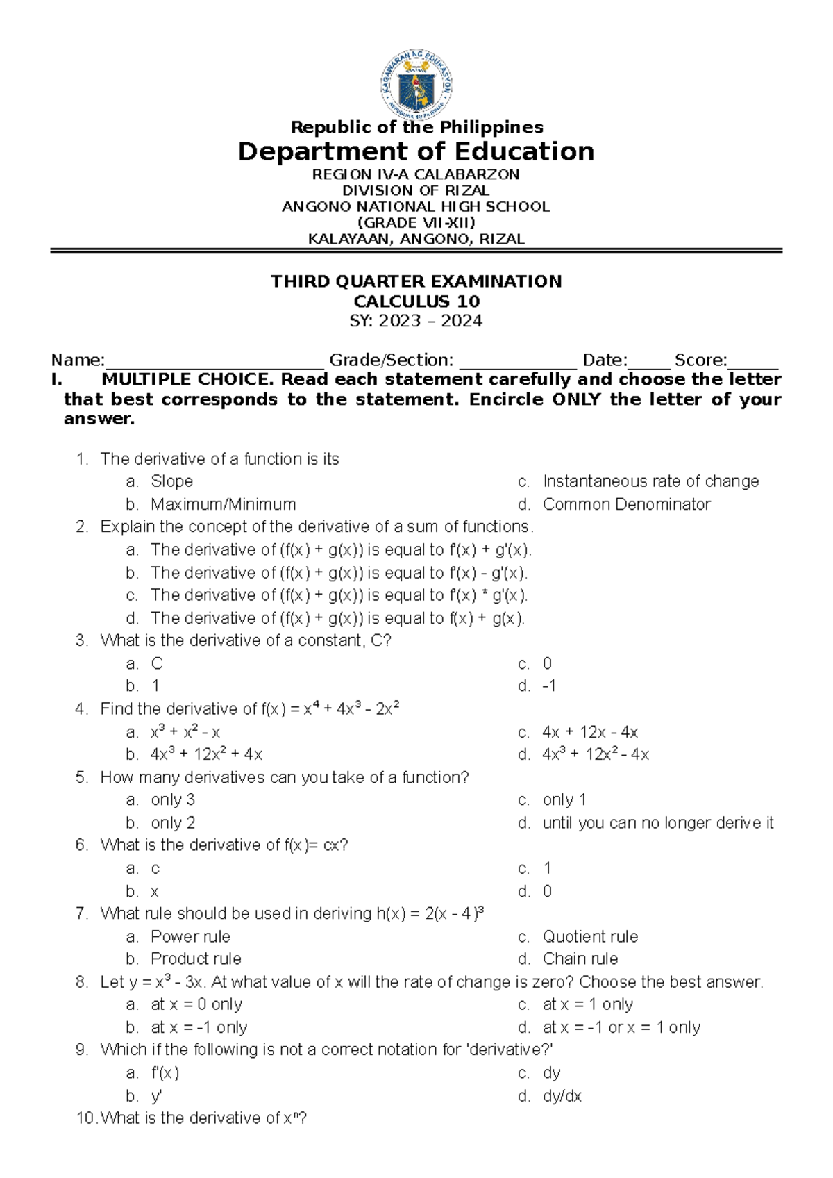 Calculus 3rd - Republic of the Philippines Department of Education ...