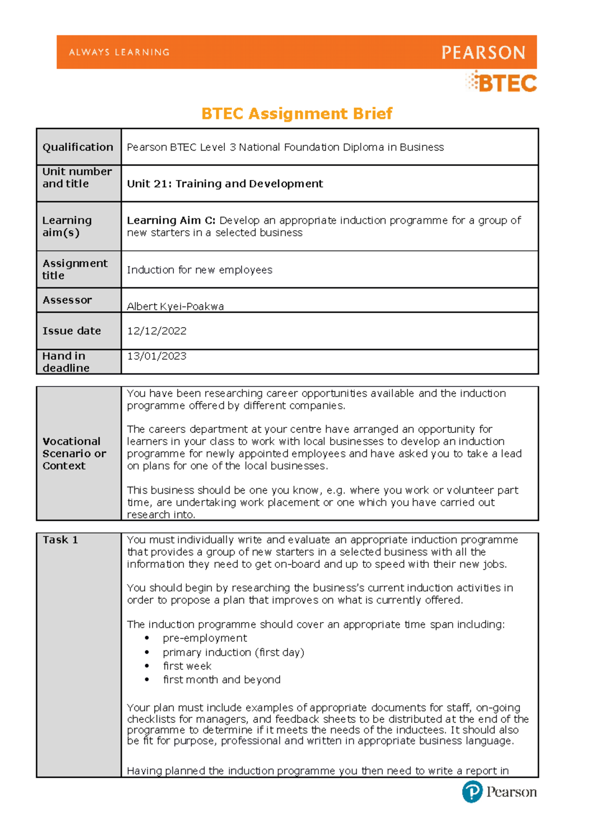 U21 Authorised Assignment Brief A2 - Training and Development - BTEC Assignment Brief ...