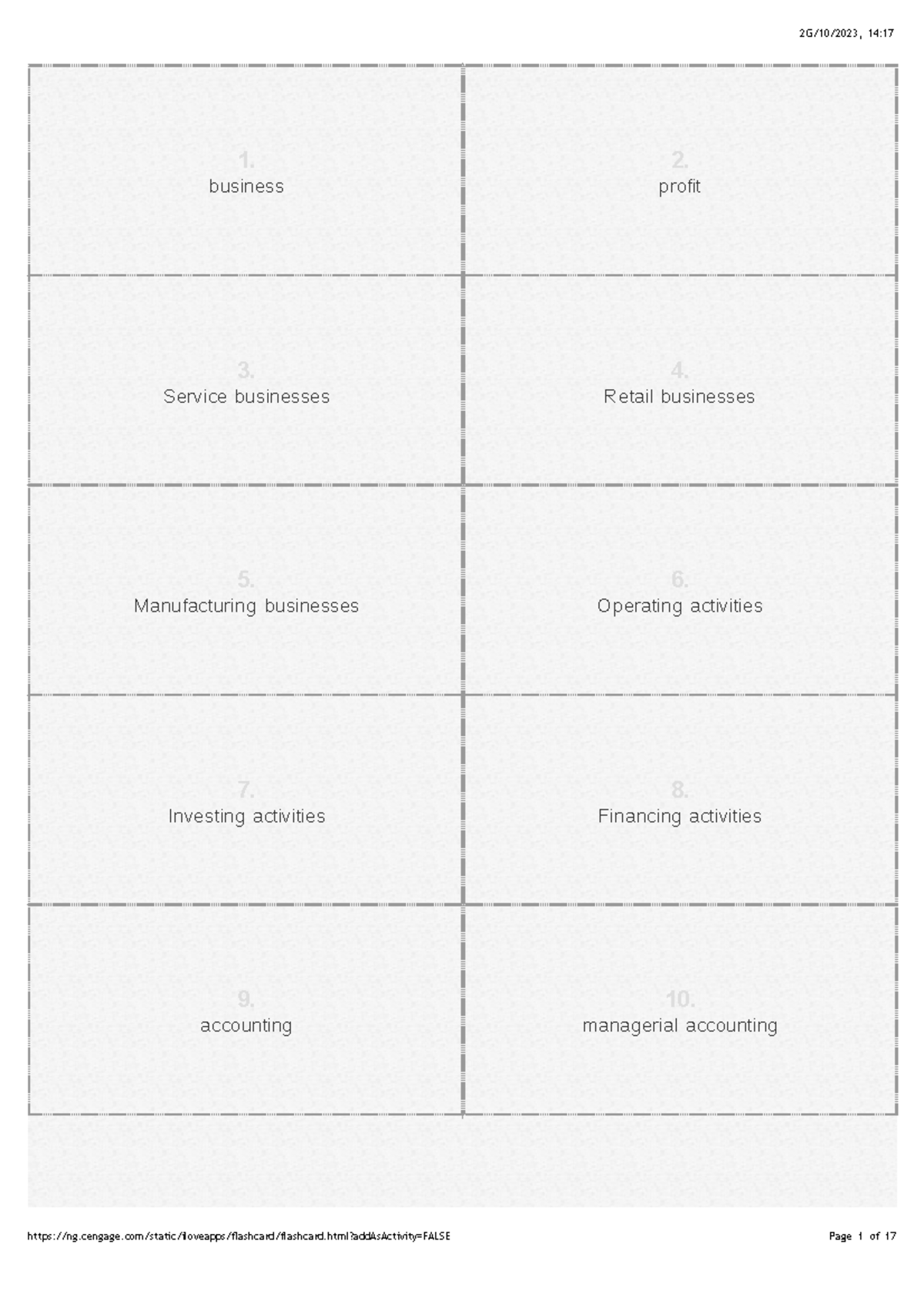 Chapter one flash cards fm - 1. business 2. profit 3. Service ...