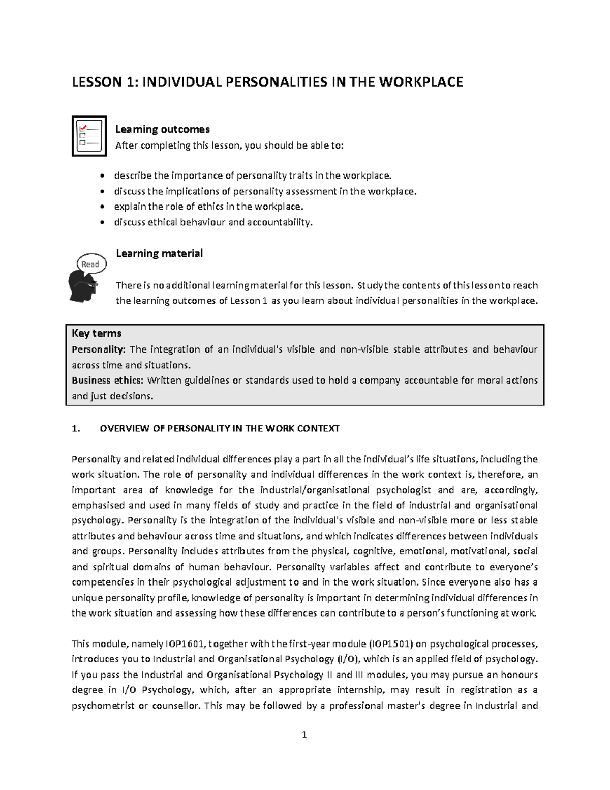 Lesson 1-3 Combined - LESSON 1: INDIVIDUAL PERSONALITIES IN THE ...