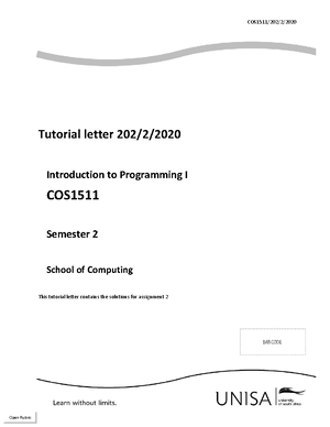 COS1511 Assessment 2 - computer science - Tutorial Letter 102/ 0 /20 23 Introduction to ...