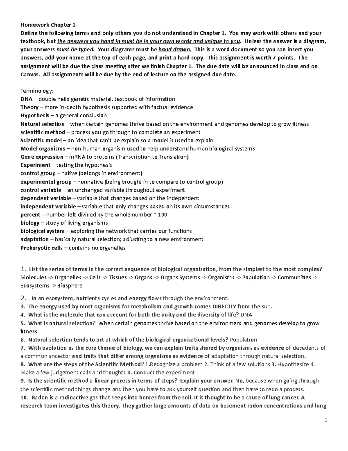 Homework Assignment - Chapter 1 - Homework Chapter 1 Define the ...
