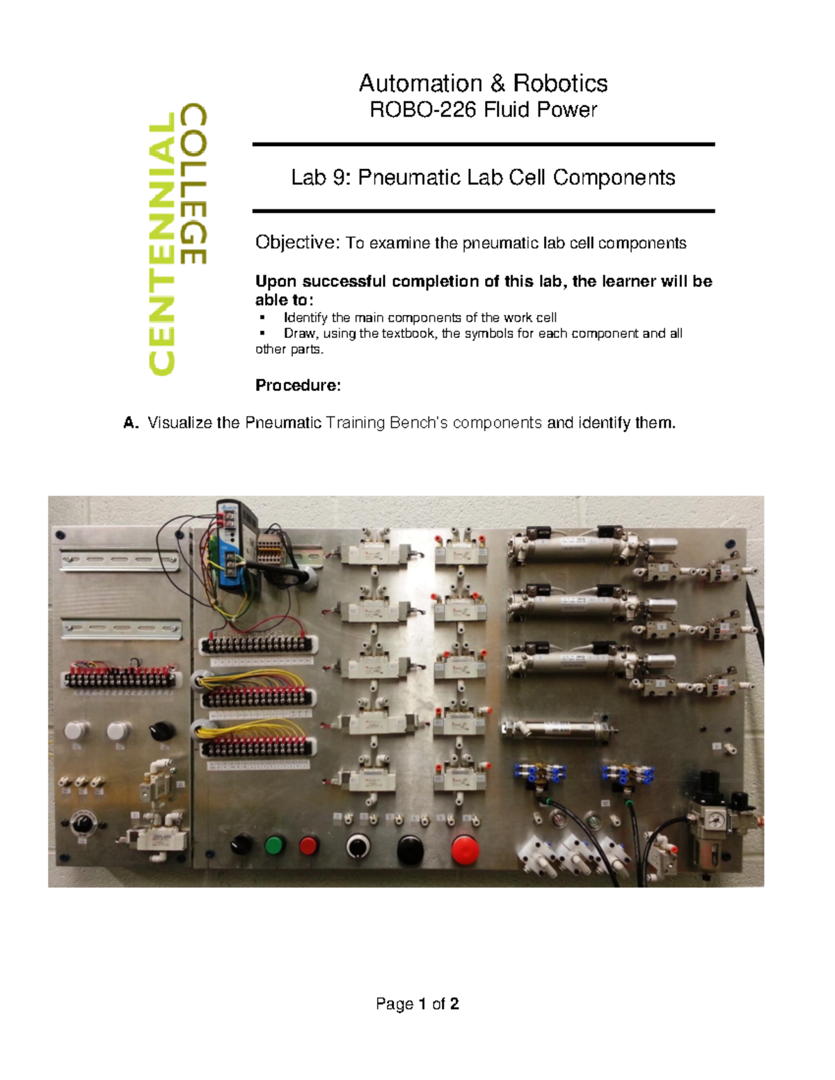 ROBO226 Lab 9 Pneumatic panel 22W - Page 1 of 2 Automation & Robotics ROBO-226 Fluid Power Lab ...
