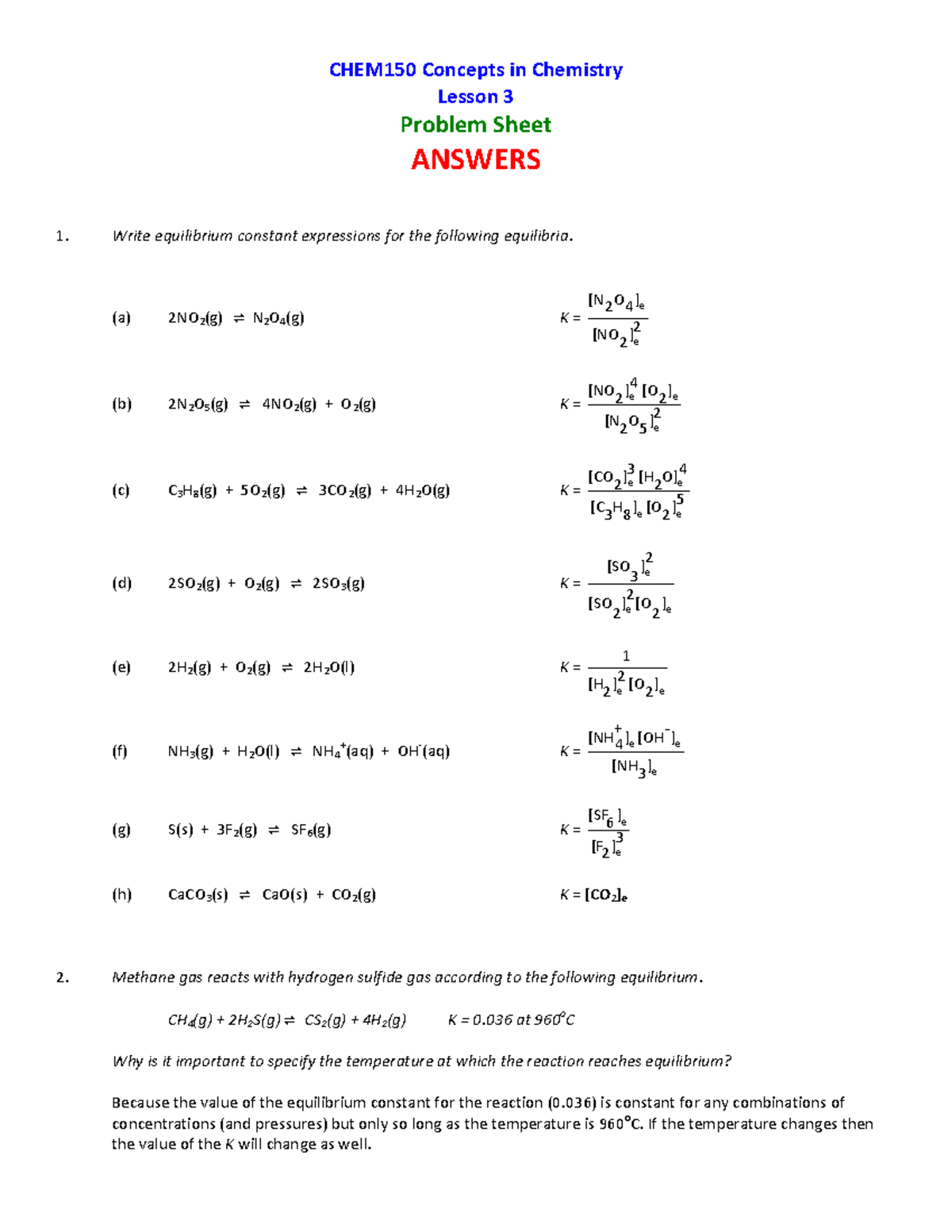 Problem Sheet 3 Answers - CHEM150 Concepts in Chemistry Lesson Problem ...