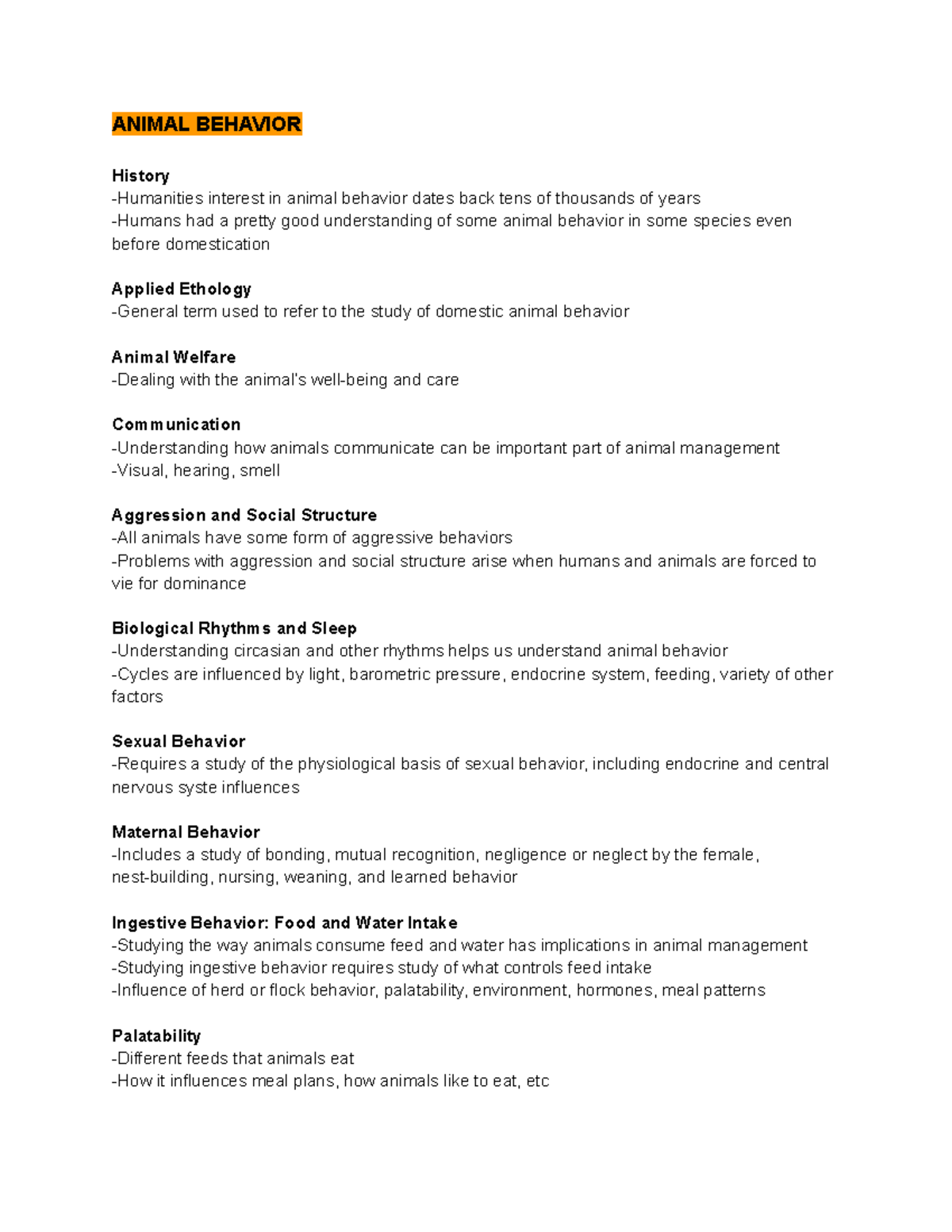 ANSC 7 - Lecture Notes - ANIMAL BEHAVIOR History -Humanities interest ...