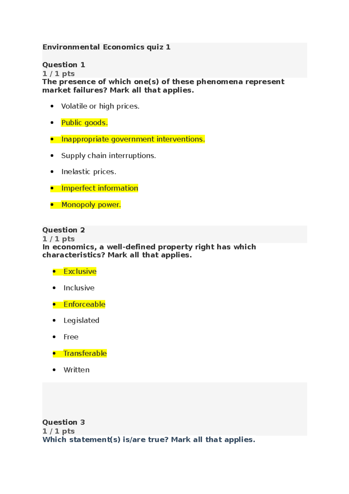 Environmental Eco Quizzes - ####### Environmental Economics quiz 1 ...