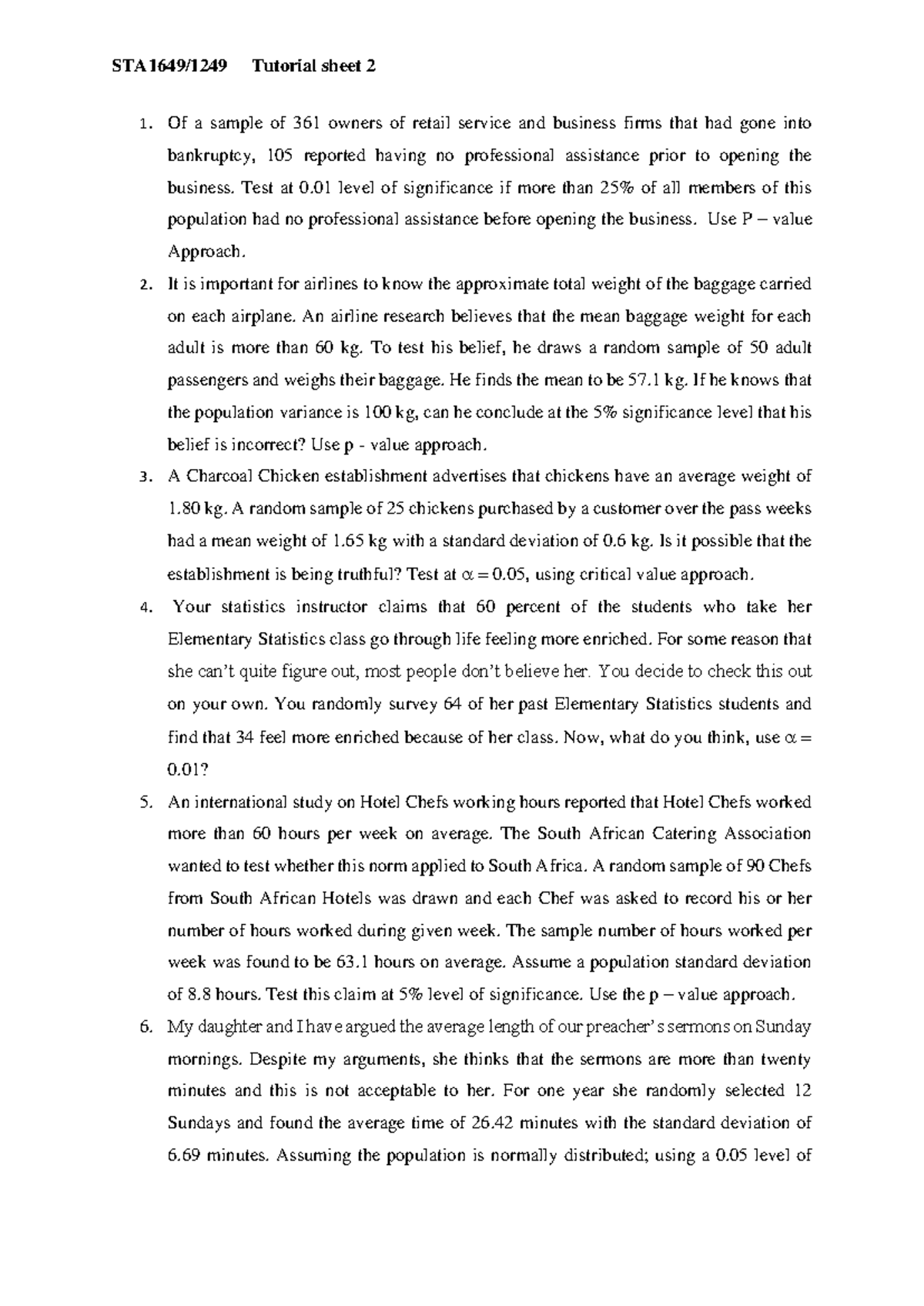 Chapter 2 tutorial 2022 - STA1649/1249 Tutorial sheet 2 1. Of a sample ...