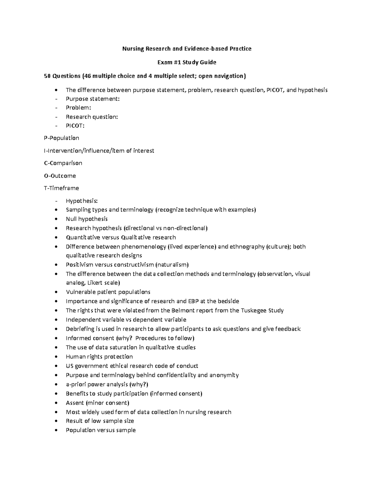 Research Exam 1 Study Guide - Nursing Research and Evidence-based ...