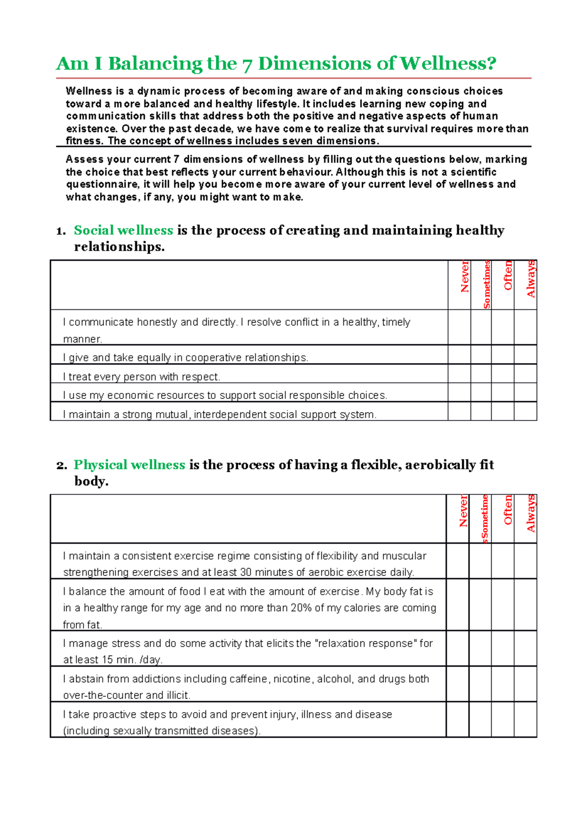 Are You Balancing the 7 Dimensions of Wellness Assessmentand Goals - Am ...