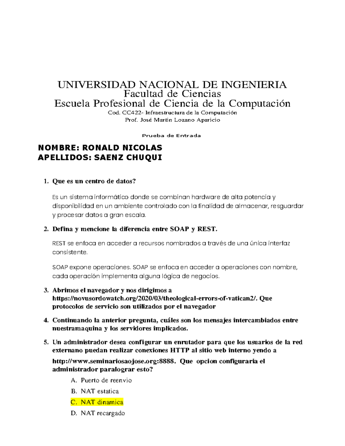 Prueba Entrada Ronald Saenz - UNIVERSIDAD NACIONAL DE INGENIERIA ...