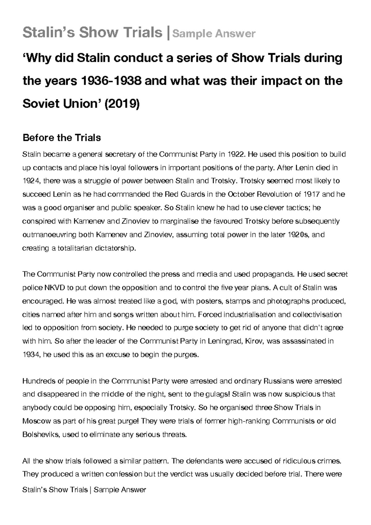 Stalins Show Trials Sample Answer - Stalin’s Show Trials | Sample ...