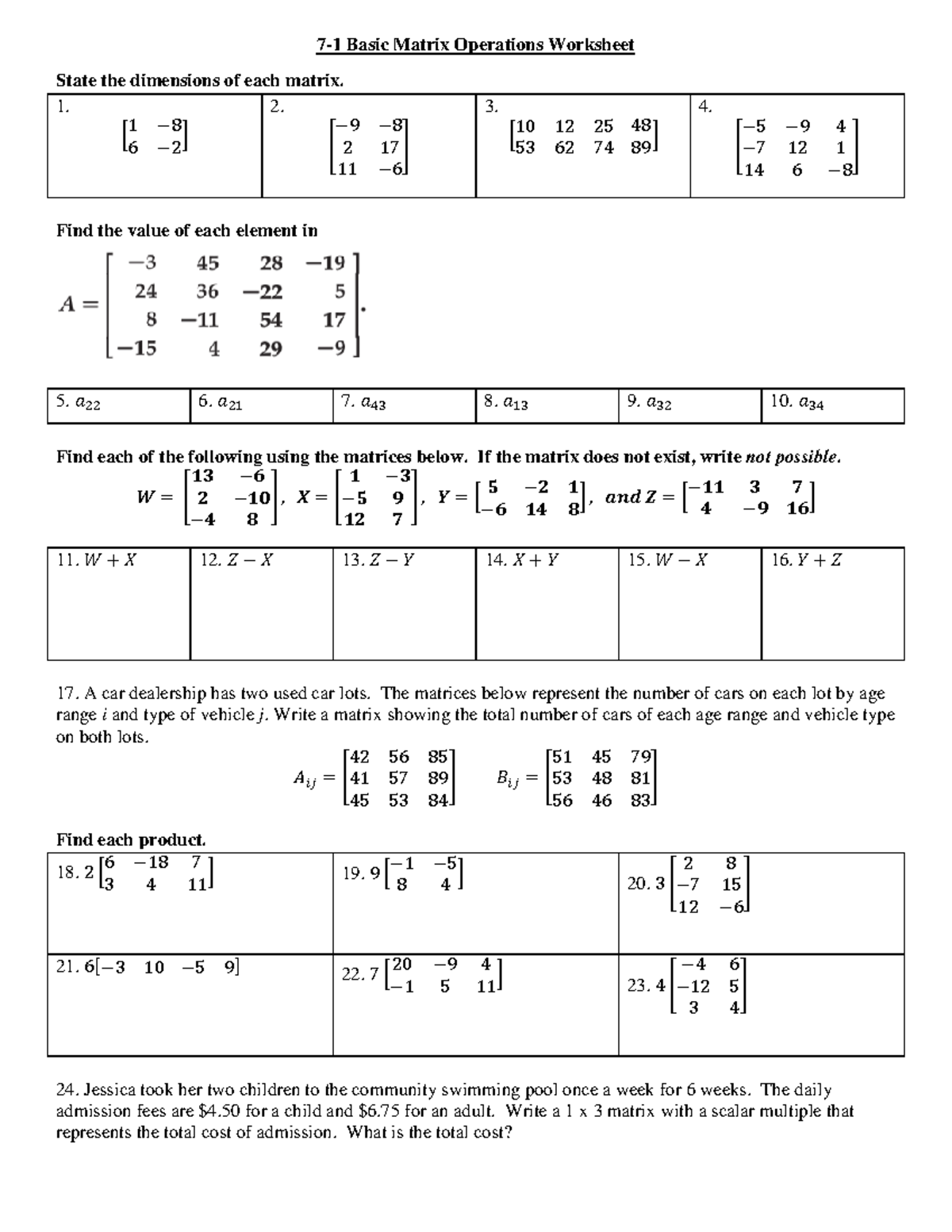 7-1 basic matrix operations worksheet - 7-1 Basic Matrix Operations ...