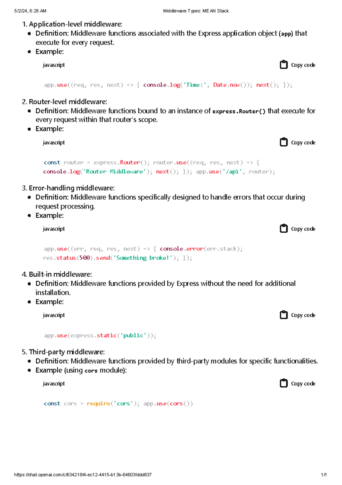 Middleware Types Mean Stack 1 Application Level Middleware Definition Middleware Functions 0162