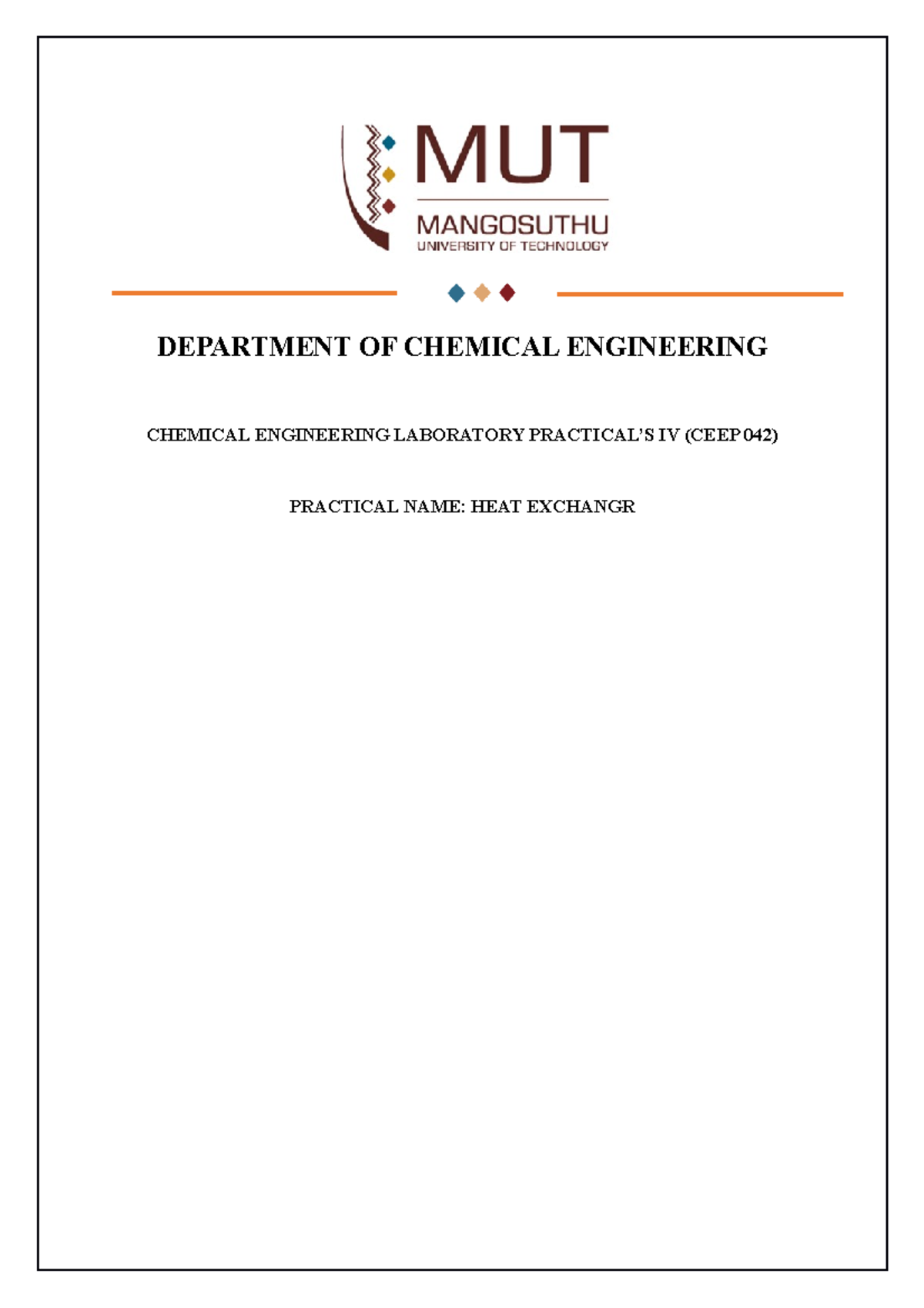 Heat Exchanger - DEPARTMENT OF CHEMICAL ENGINEERING CHEMICAL ...