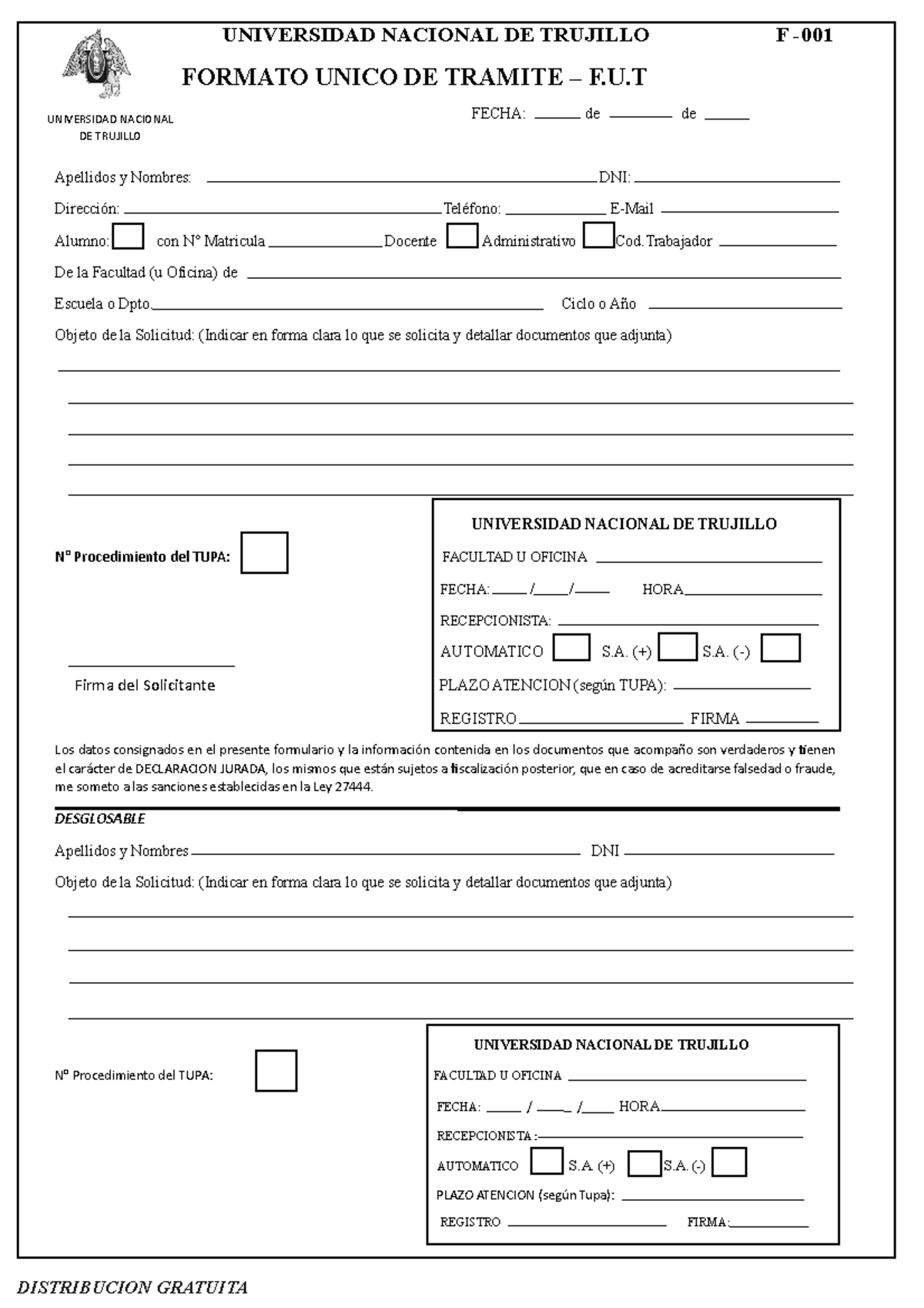F -001 FUT - Formato-2020 - UNIVERSIDAD NACIONAL DE TRUJILLO F - FORMATO UNICO DE TRAMITE – F.U ...