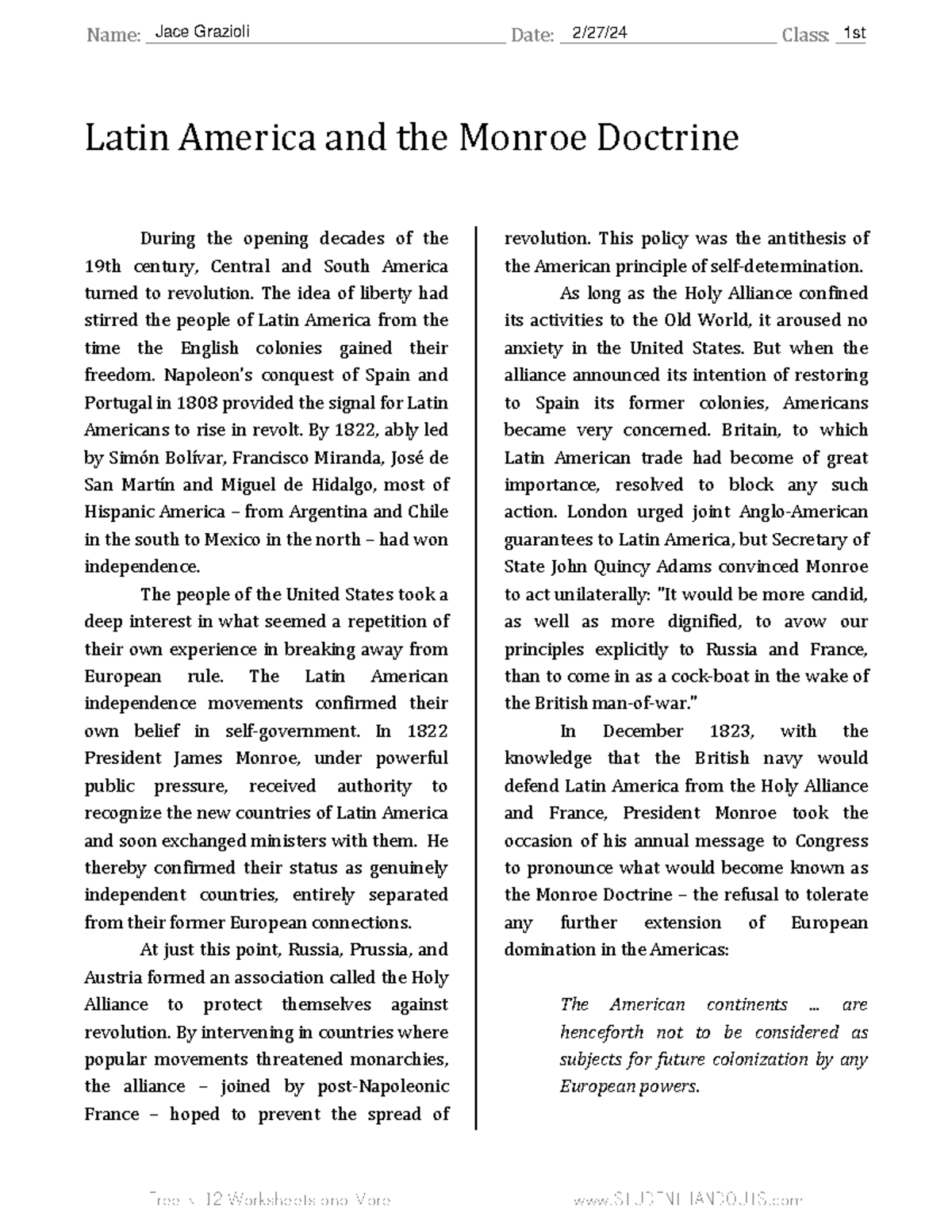 Monroe Doctrine - easy document - Name ...