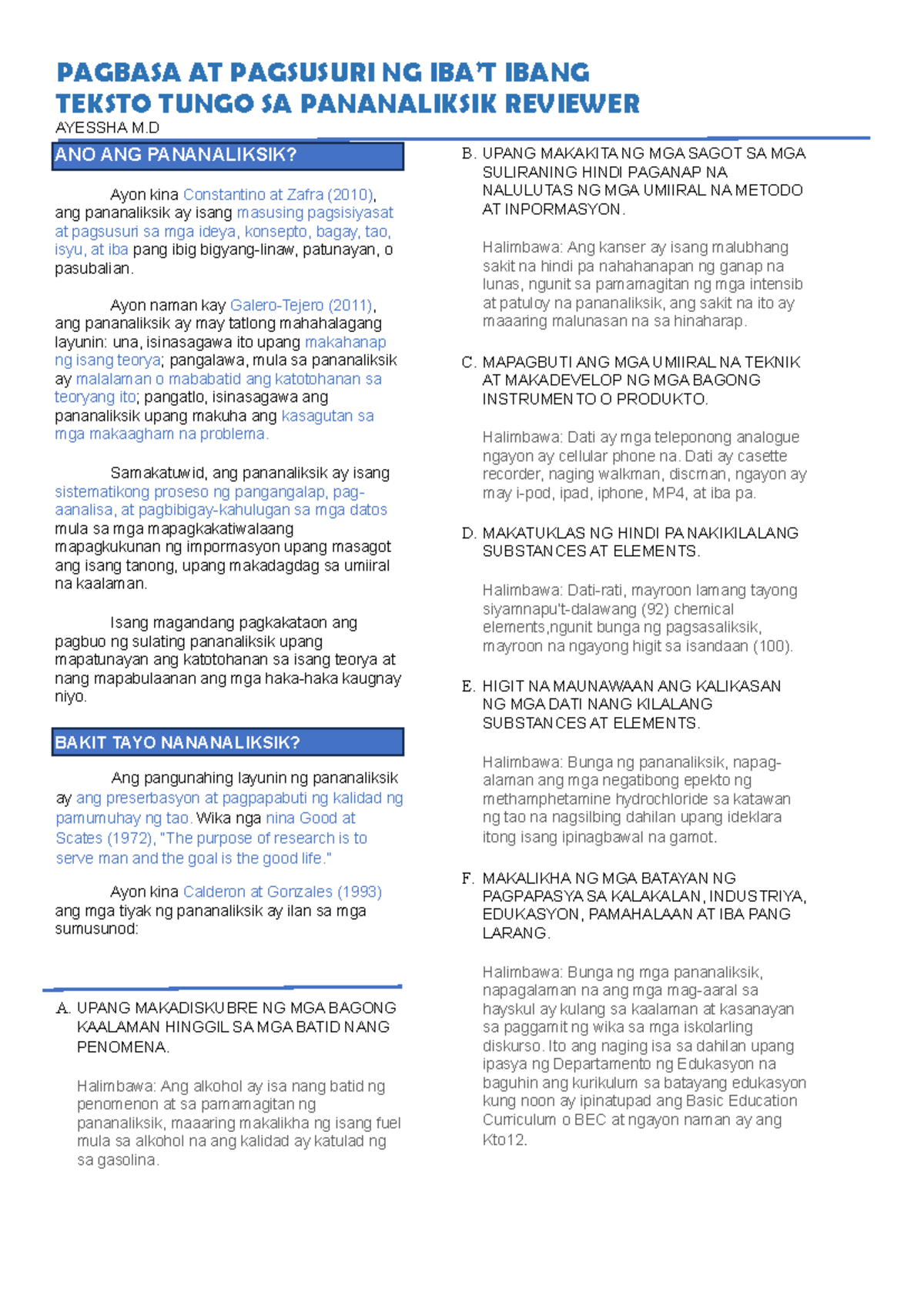 Pagbasa Filipino (overview) - TEKSTO TUNGO SA PANANALIKSIK REVIEWER ...