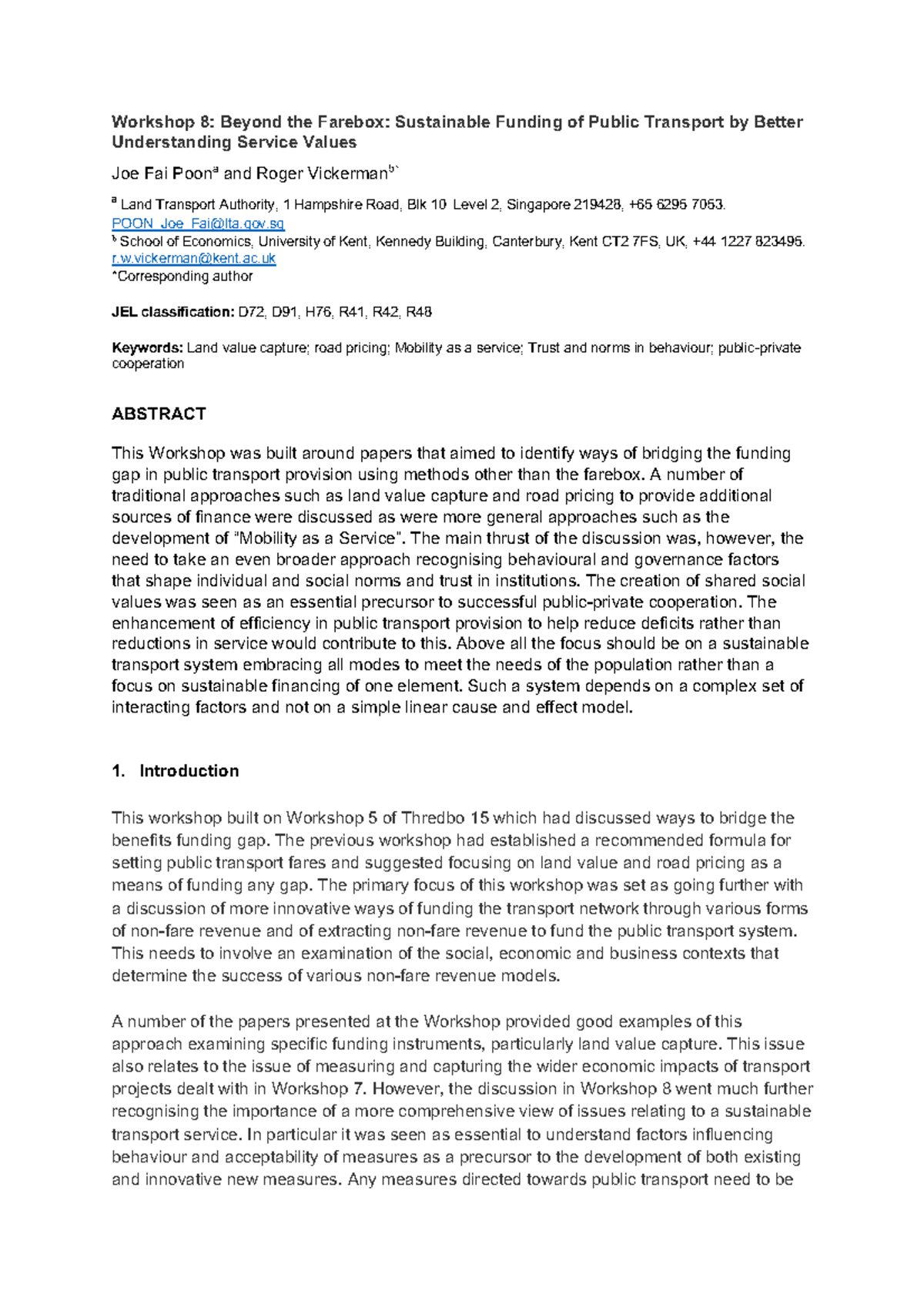 Workshop 8 - Understanding Service Values Joe Fai Poona and Roger ...