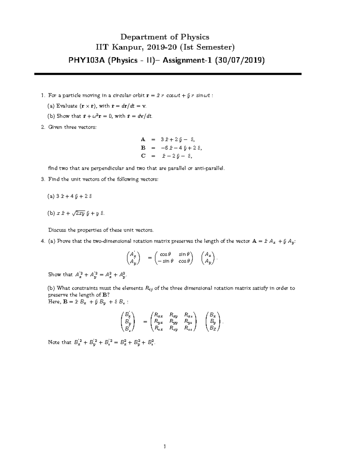 Assignment 1 - phy103 - Department of Physics IIT Kanpur, 2019-20 (Ist ...