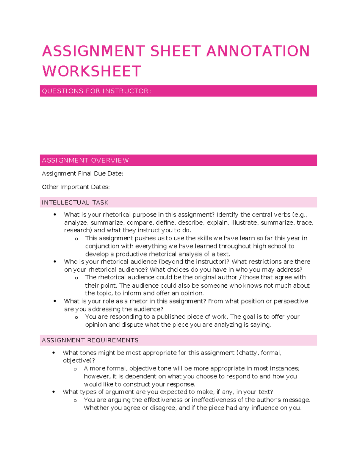Harbrace 59-61 - ASSIGNMENT SHEET ANNOTATION WORKSHEET QUESTIONS FOR INSTRUCTOR: ASSIGNMENT ...