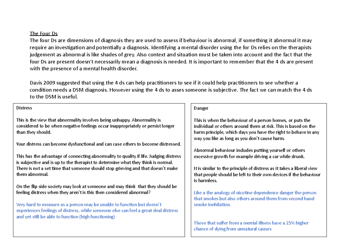 The Four Ds - diagnostic methods - The Four Ds The four Ds are ...