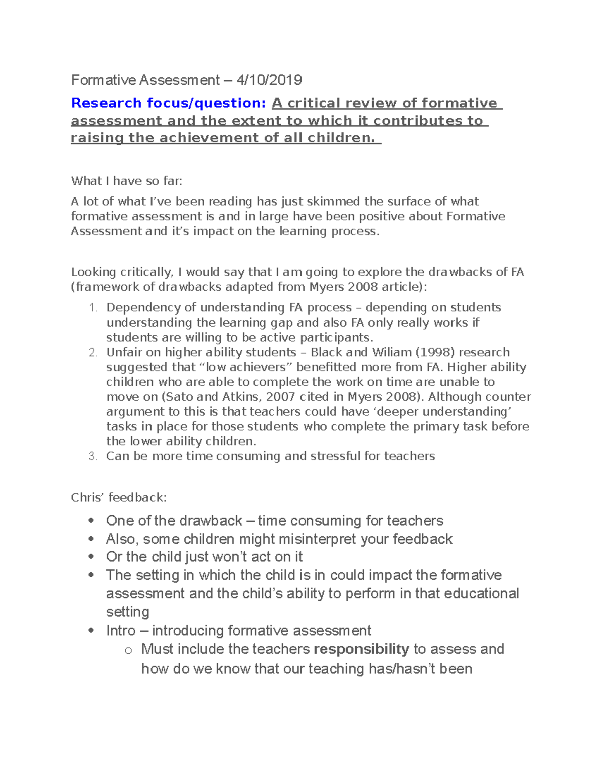 Formative Assessment Feedback - Formative Assessment – 4/10/ Research ...