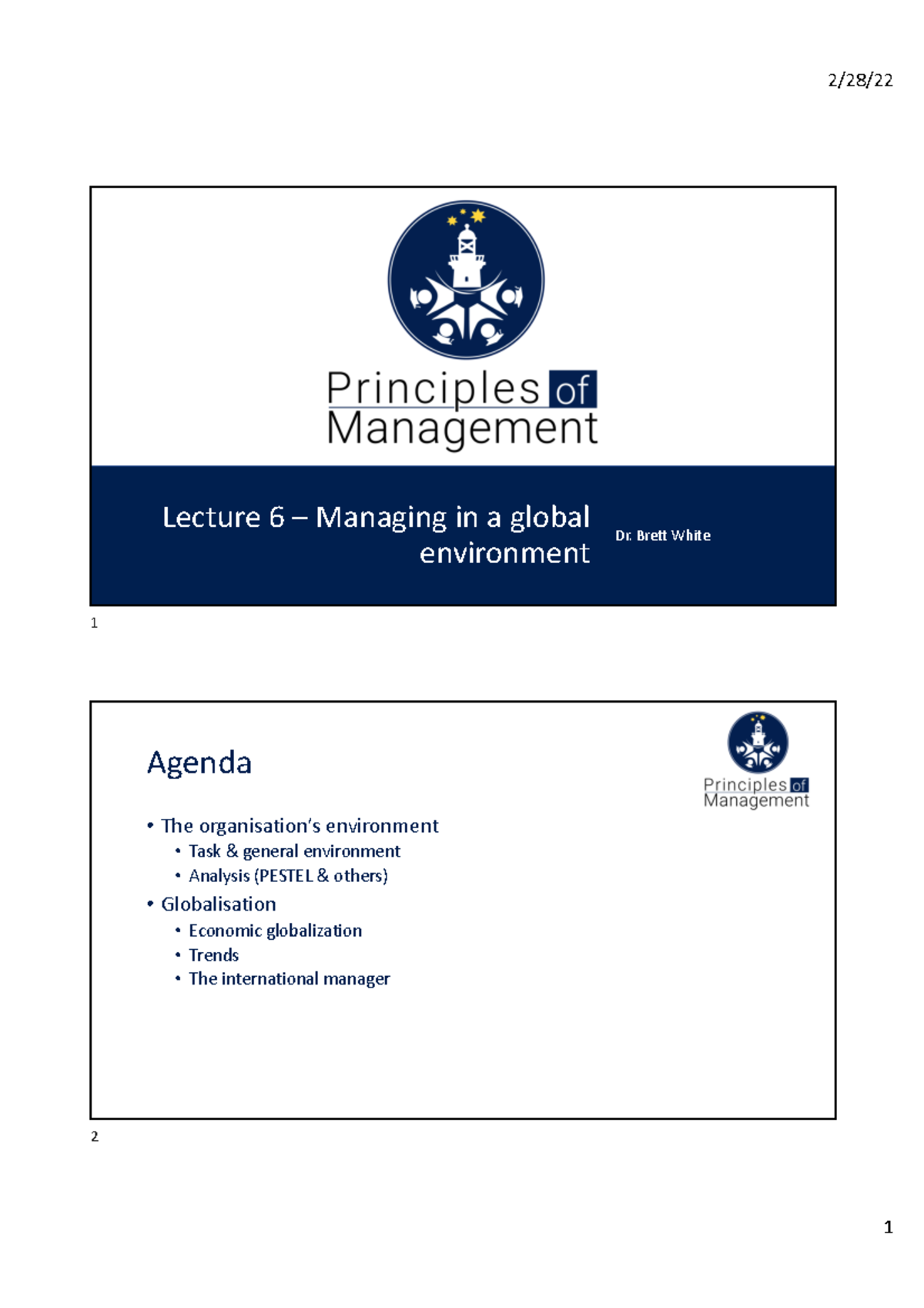 MGMT1002 - Lecture 6 - Managing in a Global Environment ...