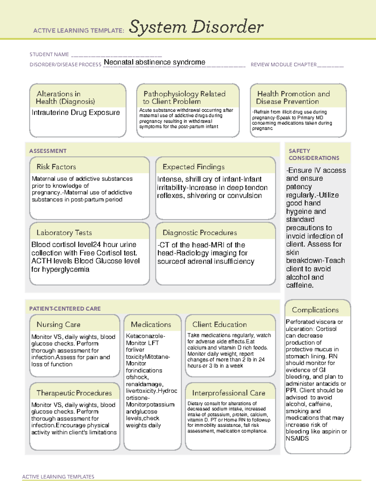 ob notes........ - ACTIVE LEARNING TEMPLATES System Disorder STUDENT ...