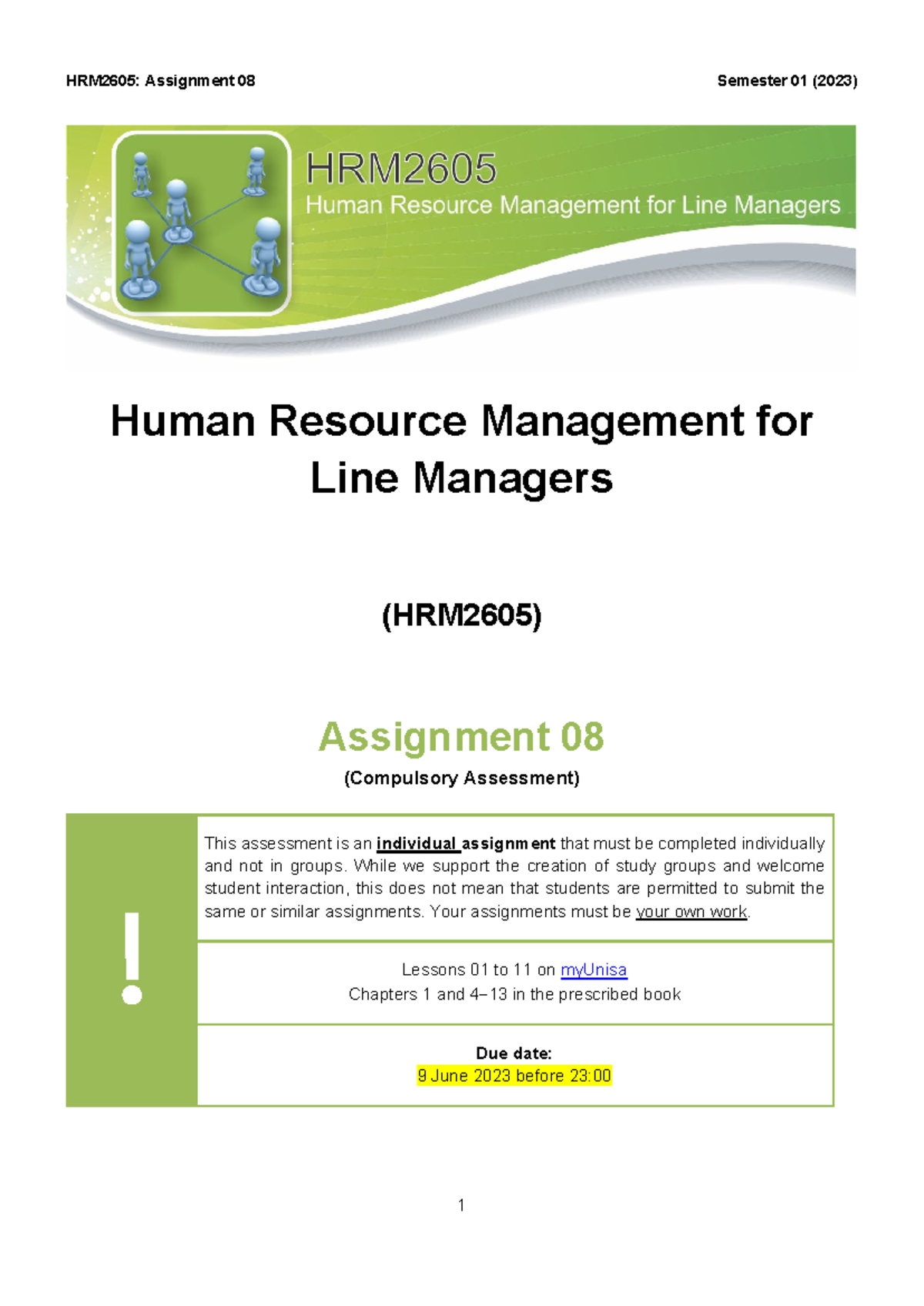 HRM2605 Assignment 08 2023 S1 - Human Resource Management for Line ...
