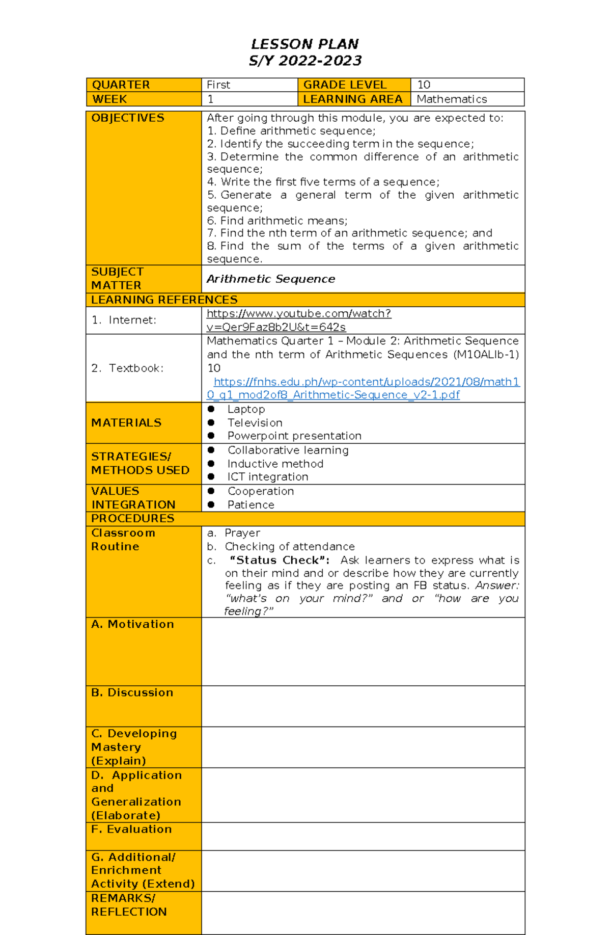 Daily Learning PLAN 1 - Notes - LESSON PLAN S/Y 2022- QUARTER First ...