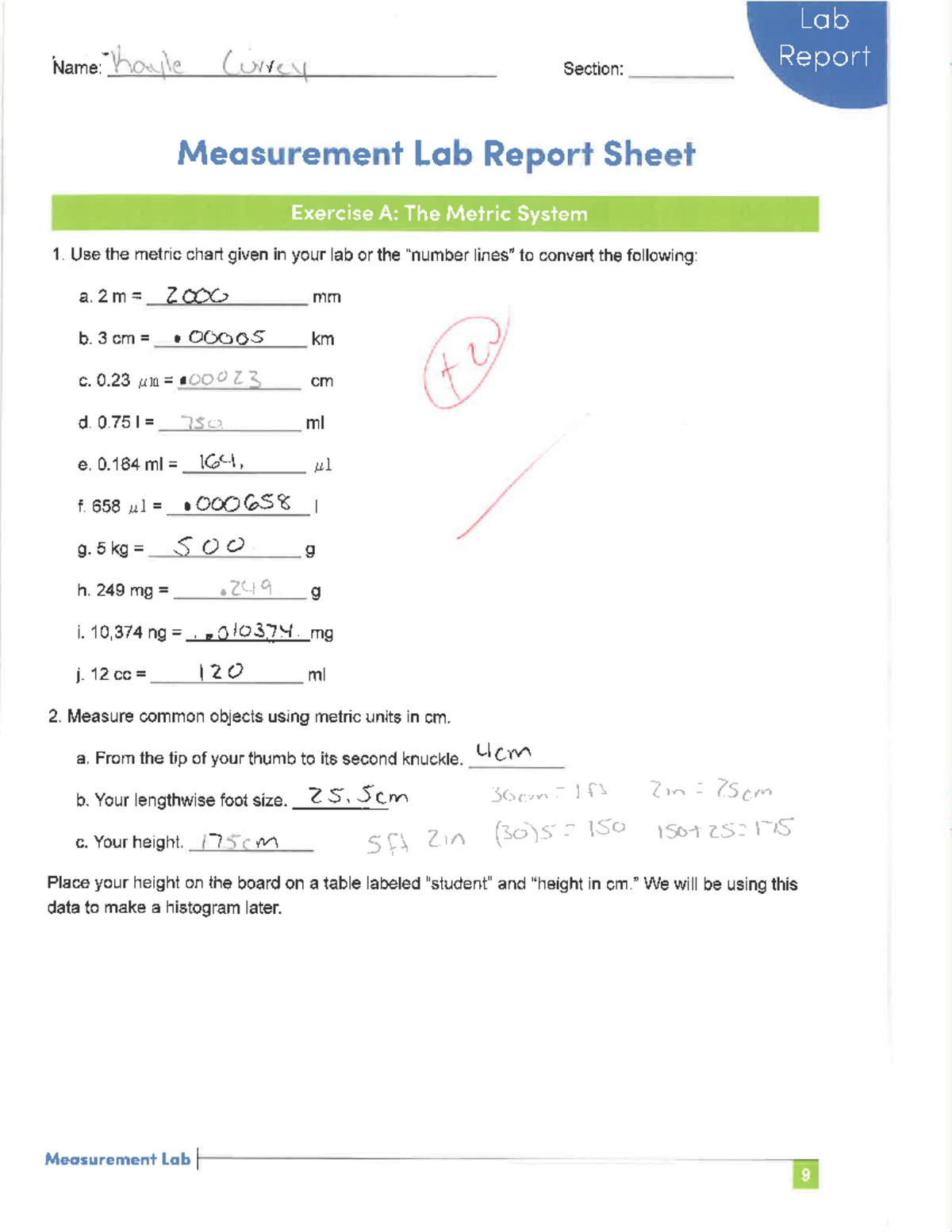 BSC2010 C Measurement lab - Name: rosie ( NV EN Section: Measurement ...