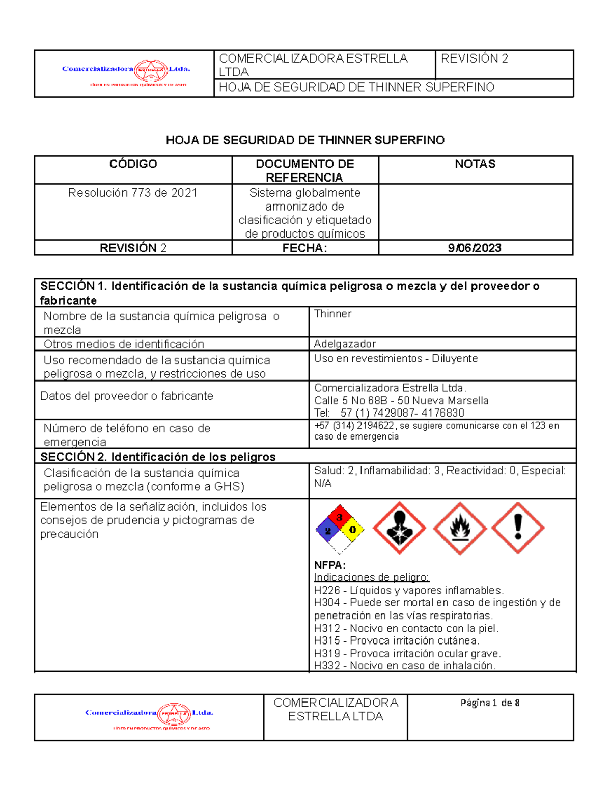 5. FDS Thinner Com Estrella 2023 - LTDA HOJA DE SEGURIDAD DE THINNER ...