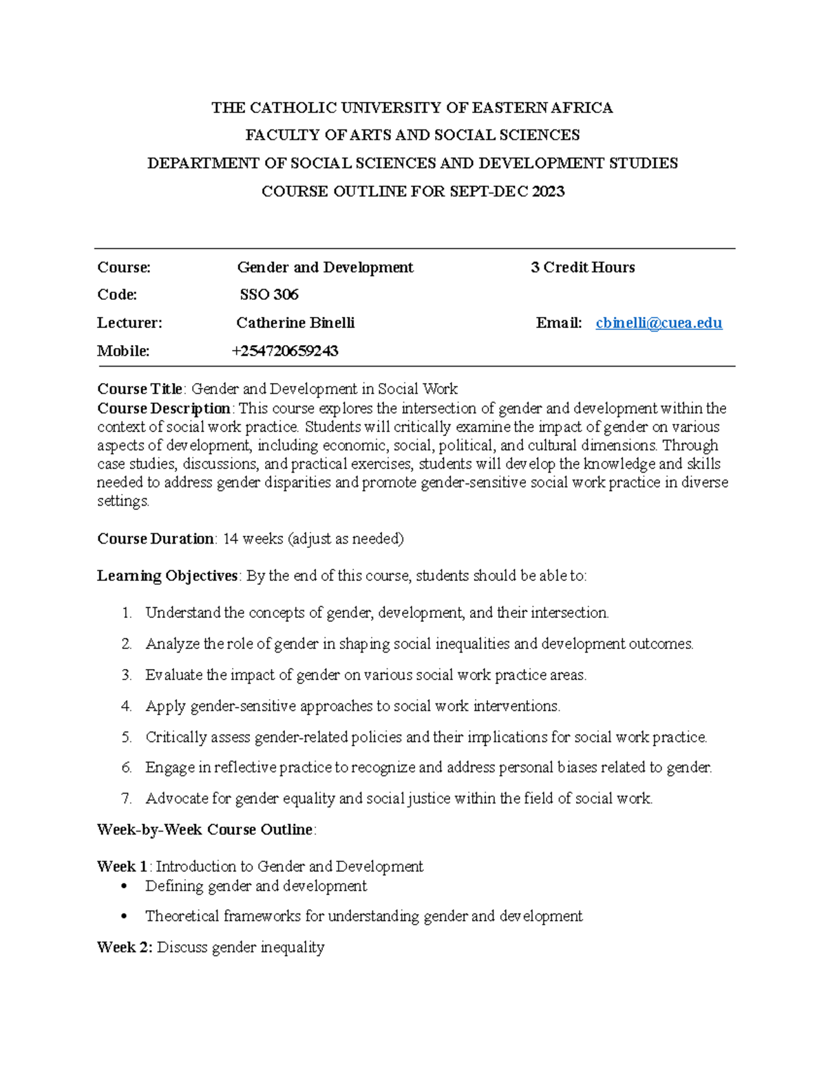 Course outline for Gender and Development -SDS 210 SSO 306 - THE ...